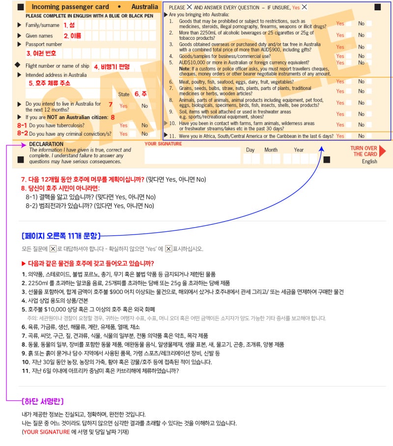 호주 입국카드 작성 방법 호주여행 입국 신고서 내용 미리 알고 가면 마음 편해요 호주 여객용 카드 Incoming