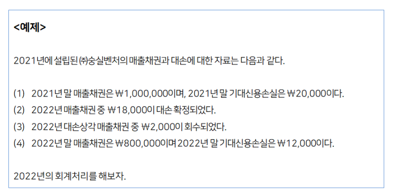 회계원리 대손 Bad Debt 대손상각비 대손충당금 충당금설정법 대손확정금액 대손충당금환입 대손상각채권회수