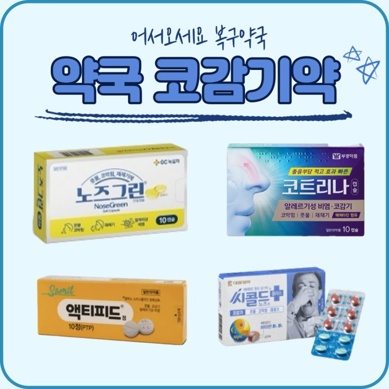 약국 콧물 코막힘 코감기약 종류와 성분 비충혈제거제 항콜린제 씨콜드노즈정 액티프롤정 코트리나캡슐 노즈그린연질캡슐