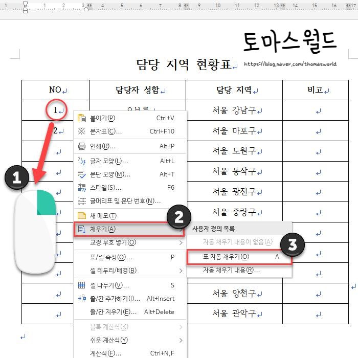 한글 2022 순번 넘버링 번호 매기기 자동 채우기 사용 방법 네이버 블로그