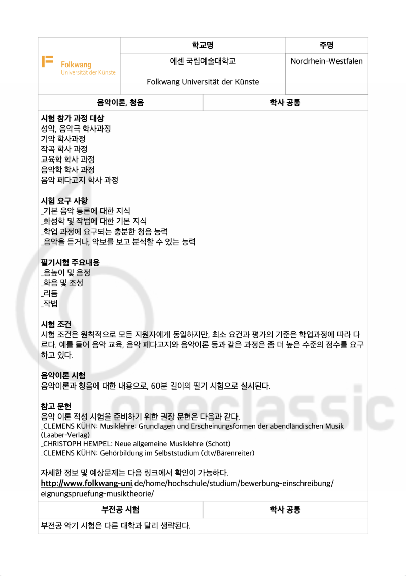 독일 에센 음대 폴크방 국립 예술 대학교 학사 시험 정보 음악이론 부전공 네이버 블로그