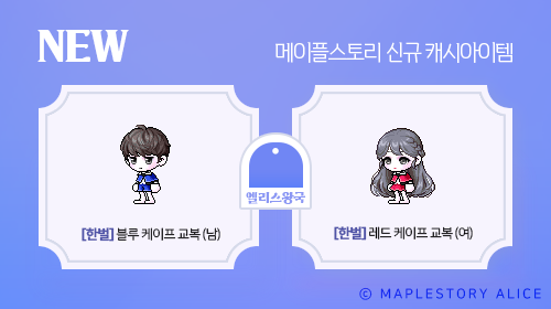 메이플스토리 신규캐시 추가 128기 잡로얄 보랏빛 환상 의상 세트 블루레드 케이프 교복 레헬른 가면 무도회 의상 세트