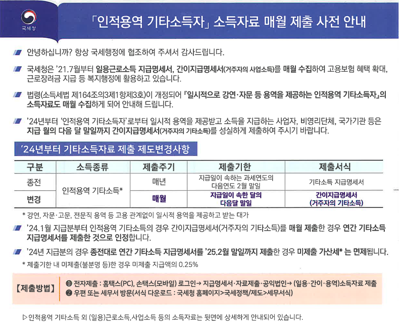 기타소득 간이지급명세서 매월 제출24년 1월부터 네이버 블로그