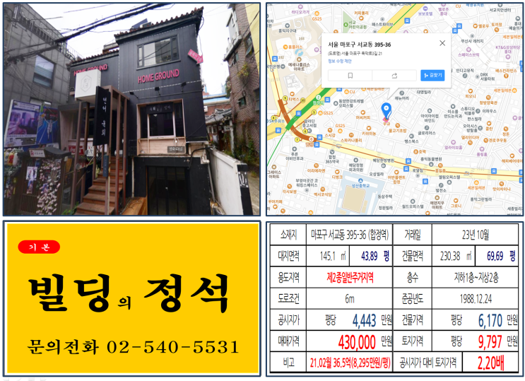 마포구 합정역 먹자상권 40억 꼬마빌딩 실거래가 조회 서교동 395 36 합정역 43억 원 평당 9797만 원