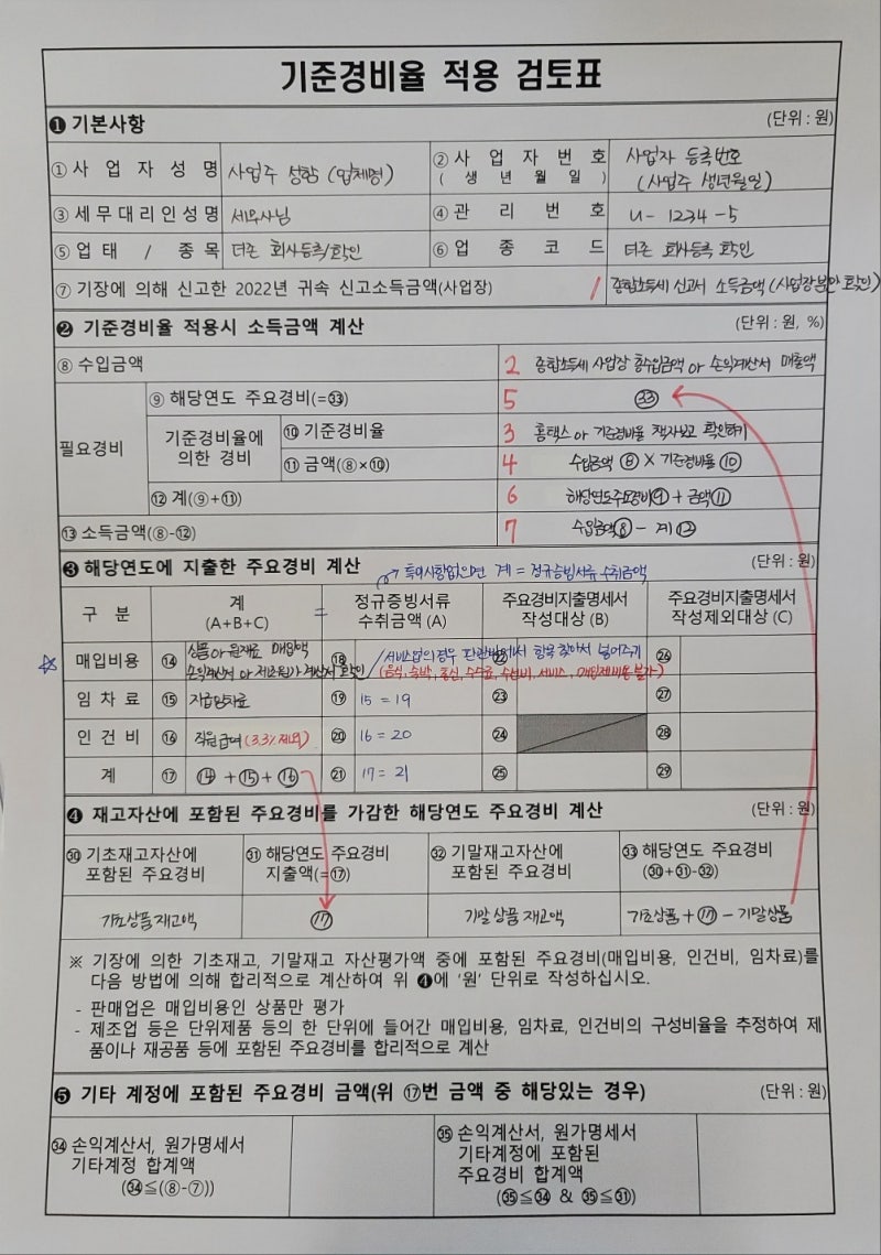 세무대리인 기준경비율 적용 검토표 작성방법 네이버 블로그