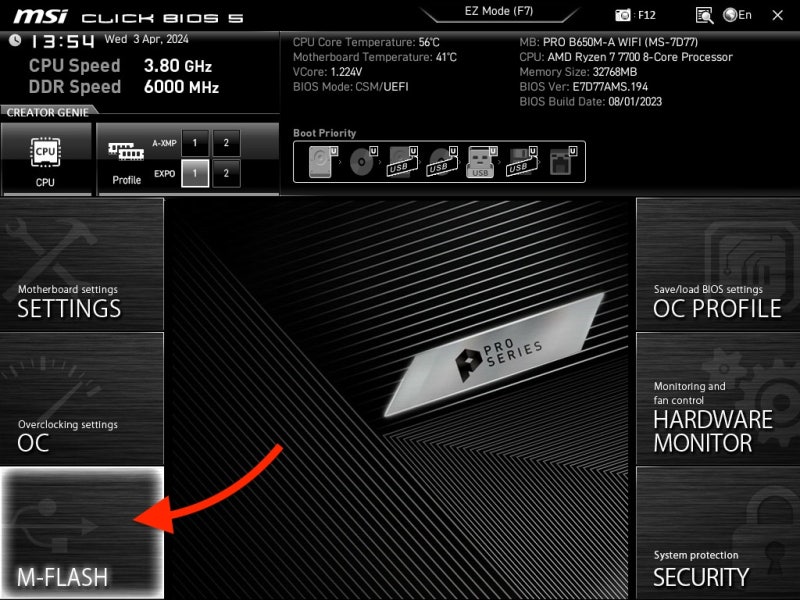 초보자용 MSI 메인보드 라이젠 바이오스 업데이트 방법(MSI PRO B650M-A wifi MS-7D77) : 네이버 블로그