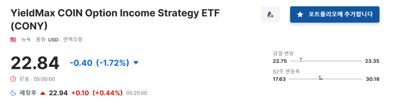 연간 100%의 초고배당 CONY ETF (YieldMax COIN Option Income Strategy ETF, 티커 ...