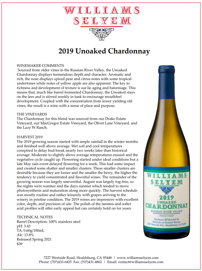 윌리엄 셀럼, 언오크드 샤도네이 2019 (Williams Selyem, Unoaked Chardonnay 2019) : 네이버 블로그