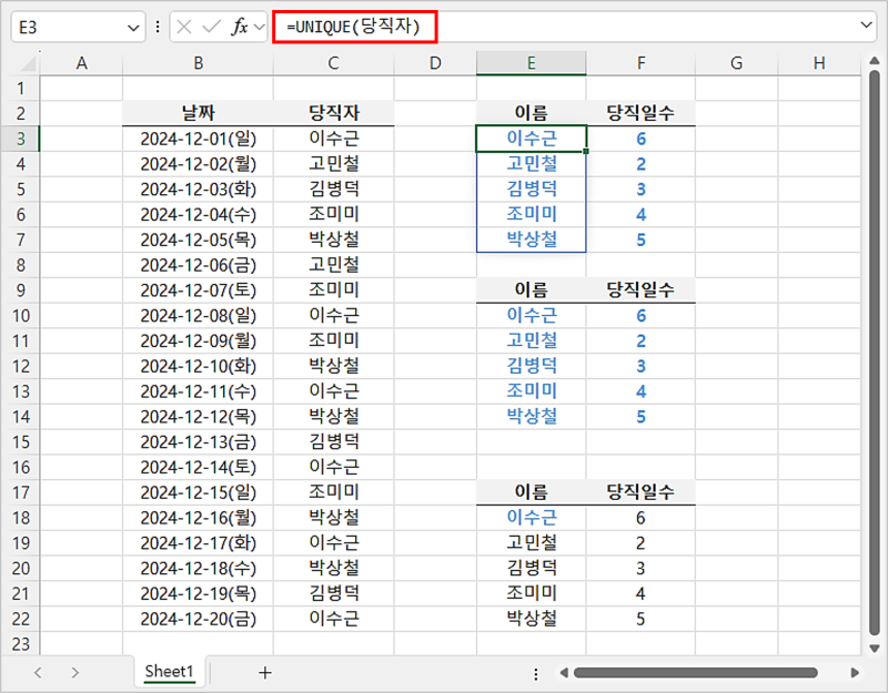 엑셀 데이터 목록에서 중복 없이 데이터를 하나씩 추출하고 각 데이터의 등장 횟수를 구하는 3가지 방법 엑셀 Unique
