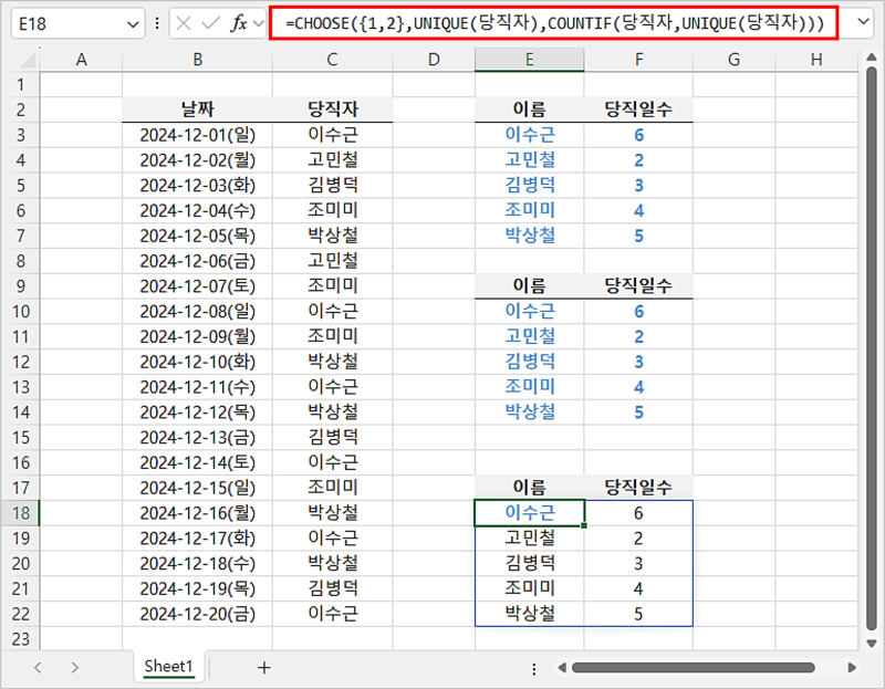 엑셀 데이터 목록에서 중복 없이 데이터를 하나씩 추출하고 각 데이터의 등장 횟수를 구하는 3가지 방법 엑셀 Unique