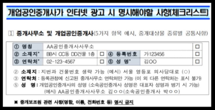 부동산 표시 광고법 필수 명시 항목 규정 5가지 12가지 공인중개사법 제18조 2 제4항 제5항 시행령 제 17조의 3 규정