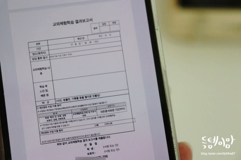 초등학교 교외체험학습신청서 보고서 작성하기 목적 캠핑 가족여행 해외 네이버 블로그