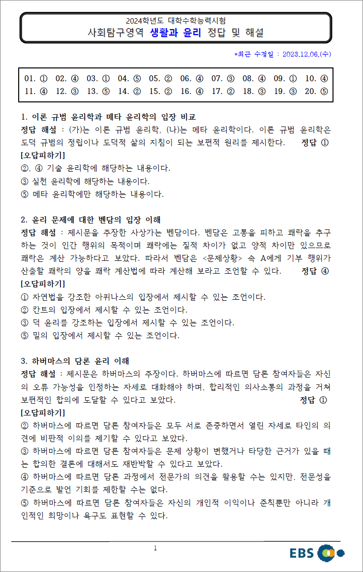 2024 수능 생윤윤사한지세지 문제 답지 해설 Pdf 파일 다운202311 작수 사탐 생활과윤리 윤리와사상 한국지리