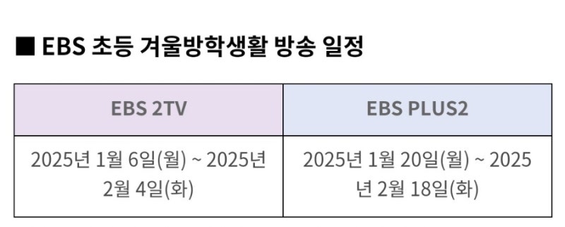 2025년 EBS 초등 겨울방학생활 방송일정 시간표, 날짜, 강의 내용 순서(1학년, 2학년, 3학년, 4학년 이비에스 편성표 ...