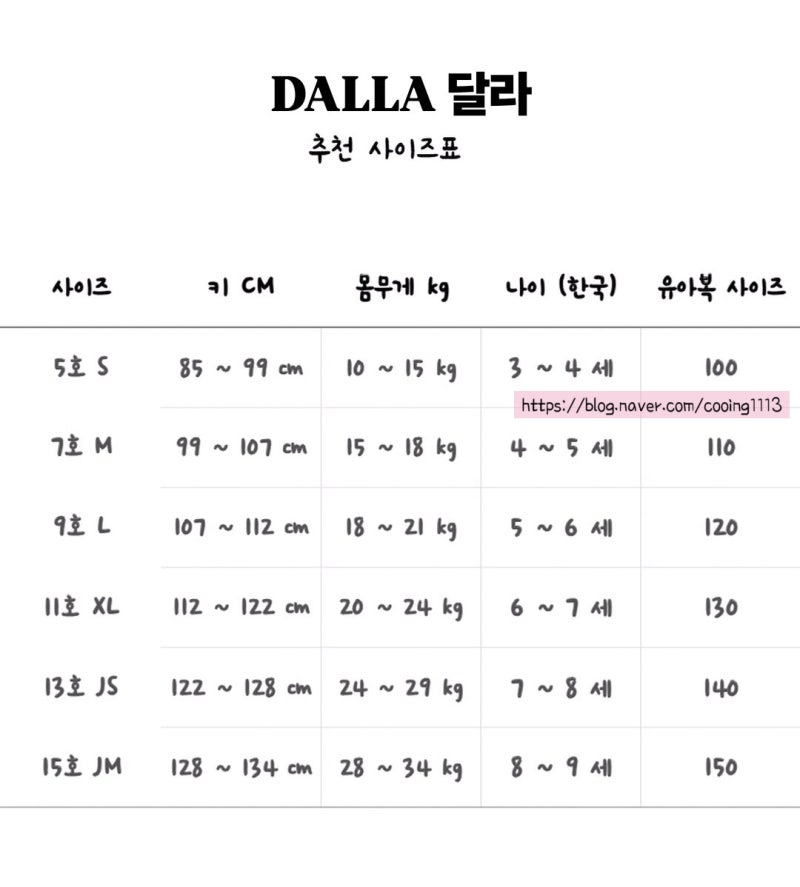 남대문 아동복 브랜드별 사이즈표 모음 네이버 블로그