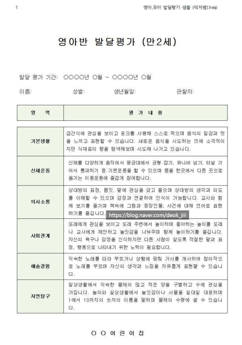 어린이집 영아반 유아반 행동 발달평가 총평 잘 쓰는 법 예시문 다운로드 네이버 블로그