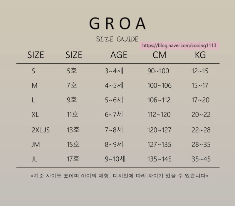 남대문 아동복 브랜드별 사이즈표 모음 네이버 블로그
