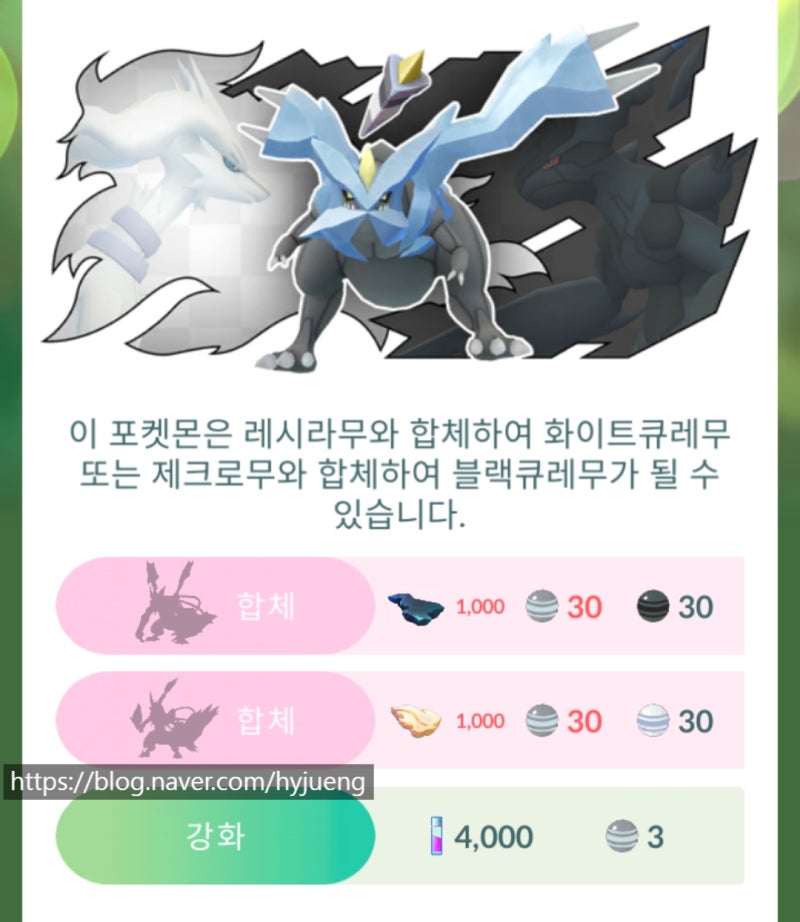 포켓몬고 블랙큐레무 화이트큐레무 졸업스킬 레이드 약점 합체 방법 공략 네이버 블로그