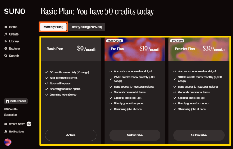 Suno(수노) AI 무료 vs 유료 요금제 비교(유료 가입 방법까지) - 학생이면 첫 달 무료, 50%할인 받으세요 ...
